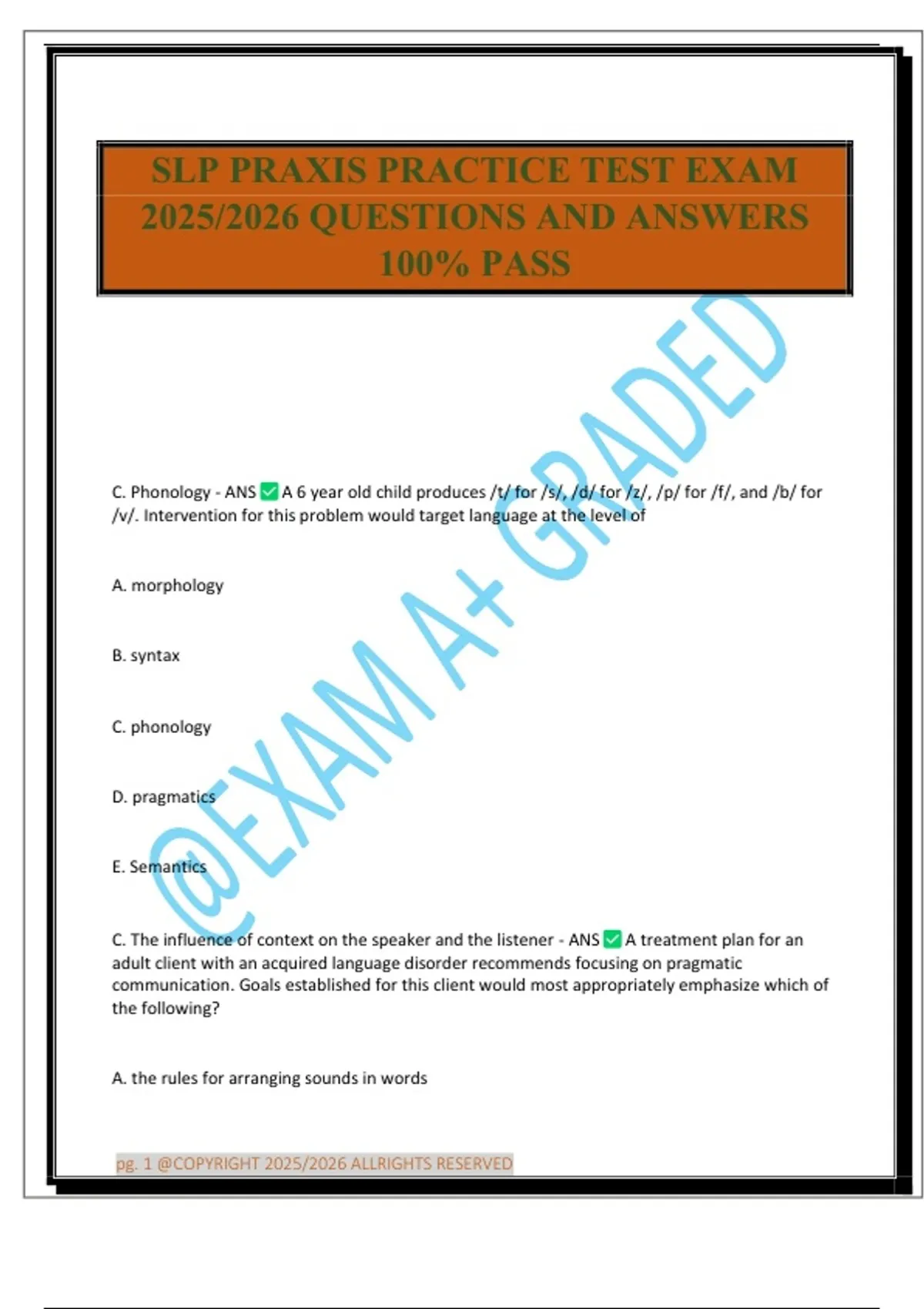 SLP PRAXIS PRACTICE TEST EXAM 2025/2026 QUESTIONS AND ANSWERS 100% PASS ...