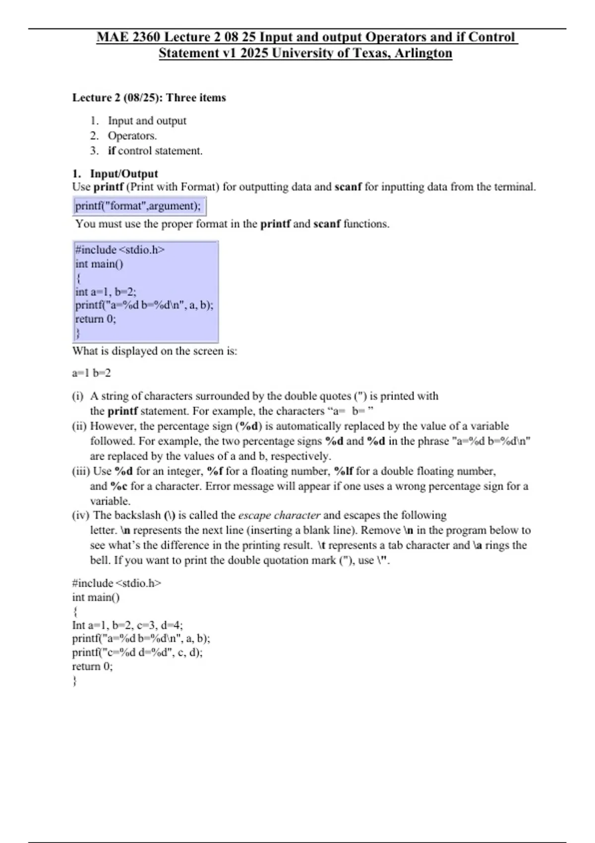 MAE 2360 Lecture 2 08 25 Input and output Operators and if Control ...