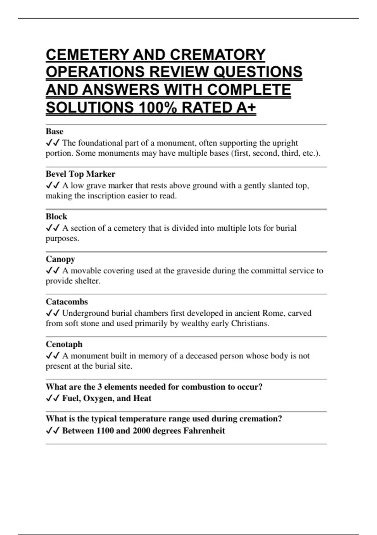 CEMETERY AND CREMATORY OPERATIONS REVIEW QUESTIONS AND ANSWERS WITH ...