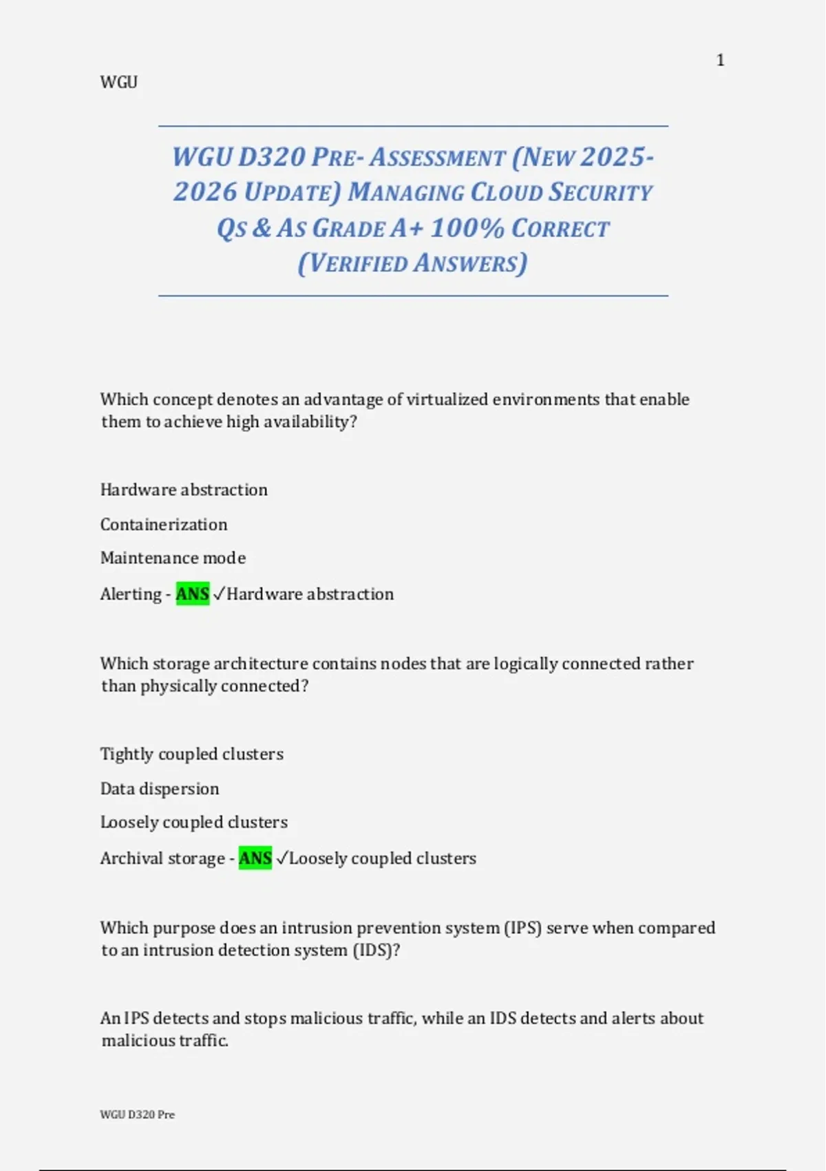 WGU D320 PRE- ASSESSMENT (NEW UPDATE) MANAGING CLOUD SECURITY QS & AS ...