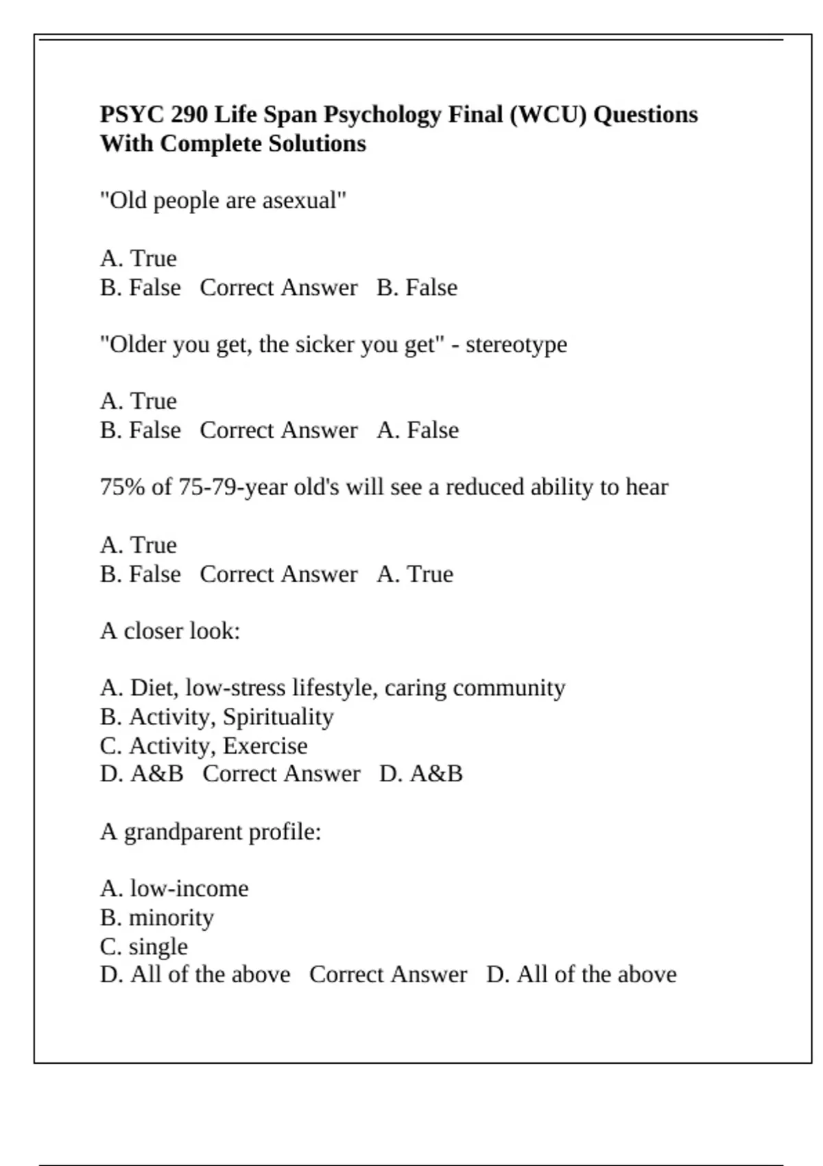 PSYC 290 Life Span Psychology Final (WCU) Questions With Complete ...