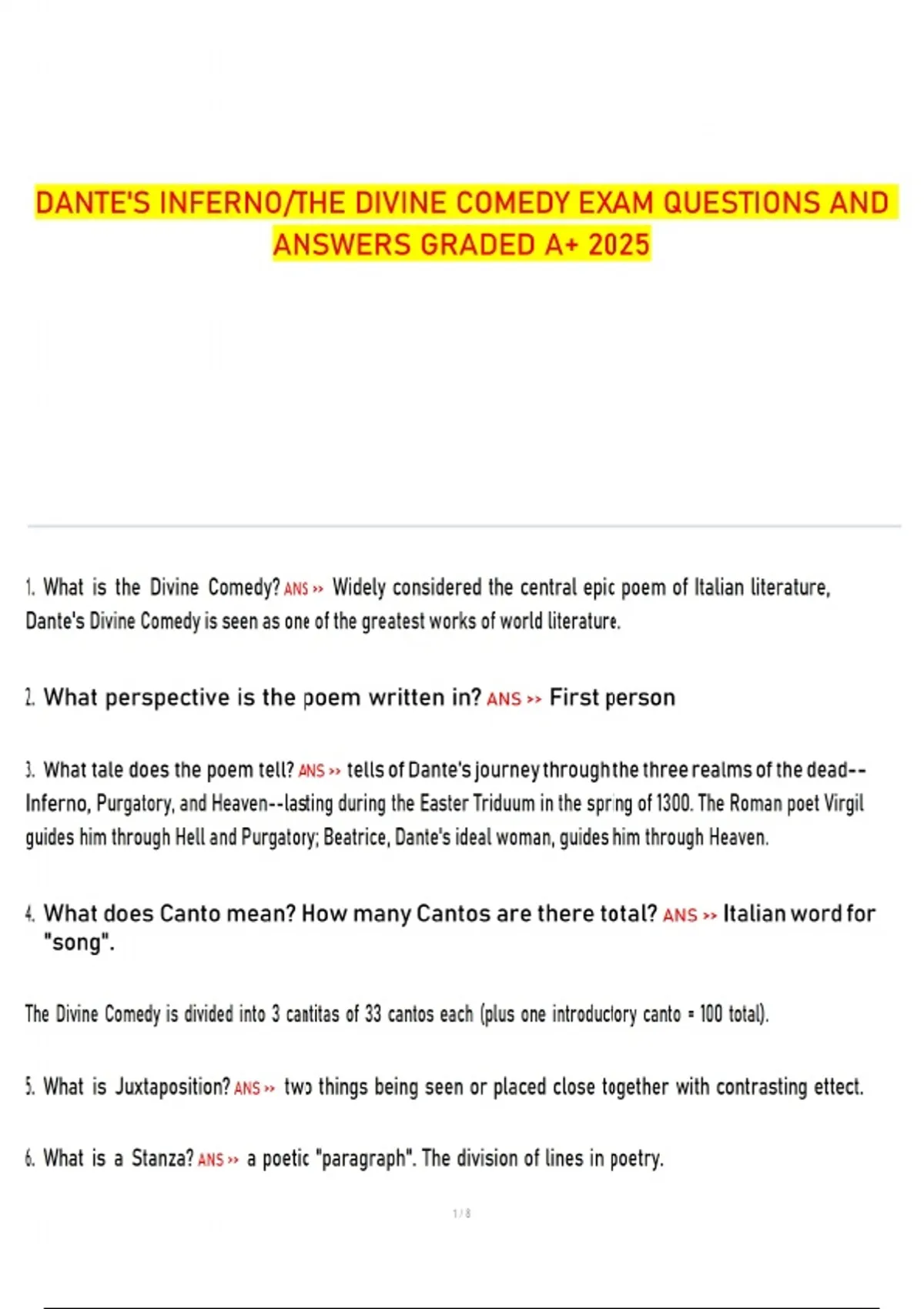 Dante’s Inferno / The Divine Comedy – Exam Questions with Answers (2025 ...