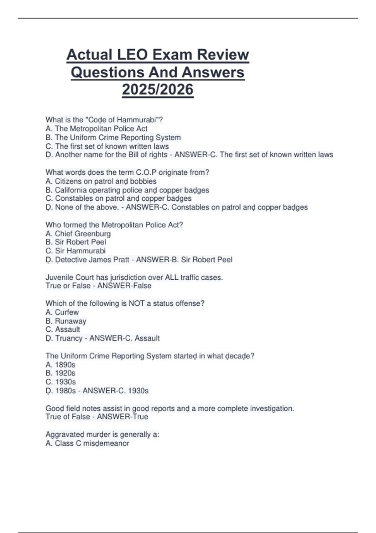 Actual LEO Exam Review Questions And Answers 2025/2026 - LEO - Stuvia US