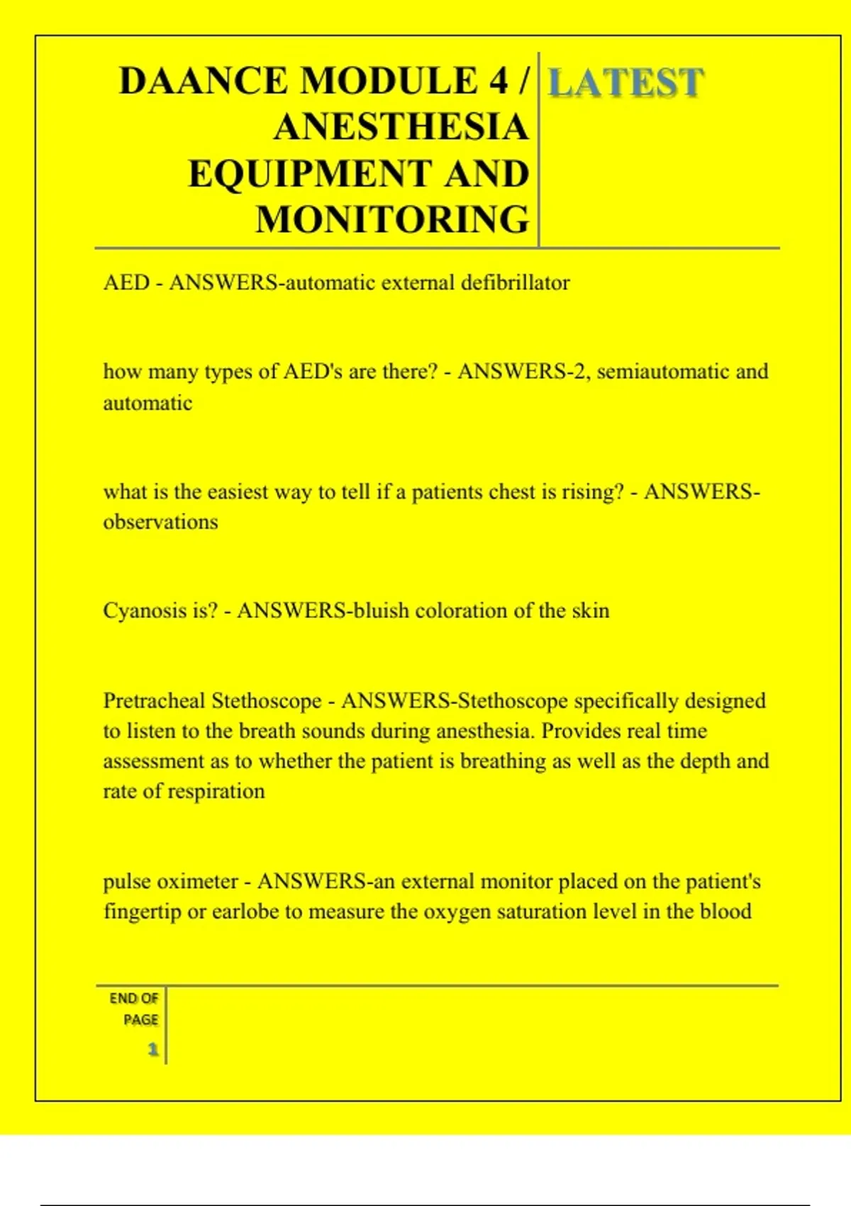 DAANCE MODULE 4 / ANESTHESIA EQUIPMENT AND MONITORING QUESTIONS AND ANSWERS 2025 - DAANCE ...