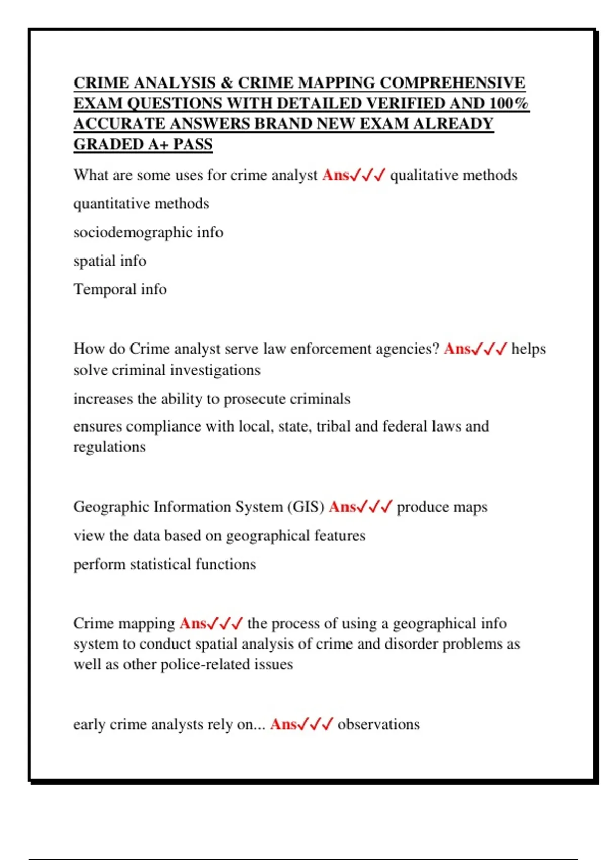 CRIME ANALYSIS & CRIME MAPPING COMPREHENSIVE EXAM QUESTIONS WITH ...