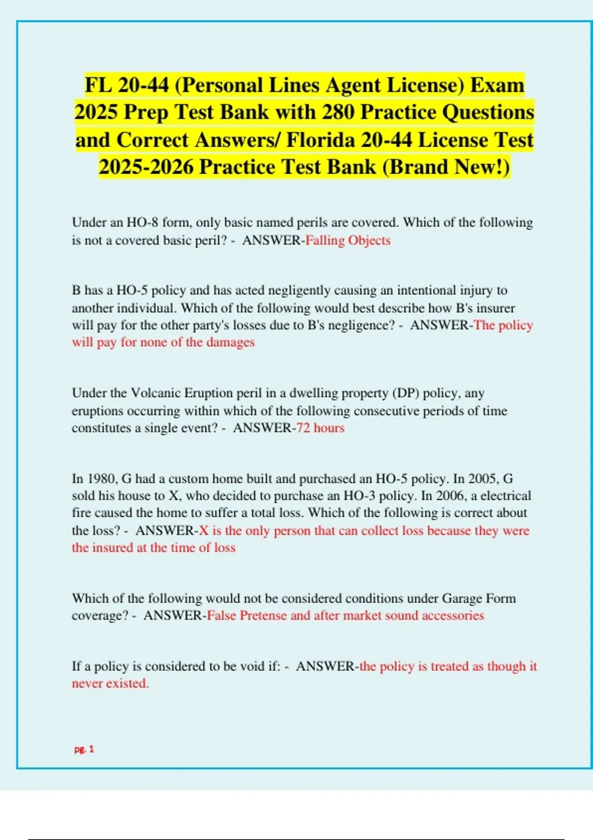 FL 20-44 (Personal Lines Agent License) Exam 2025 Prep Test Bank with ...