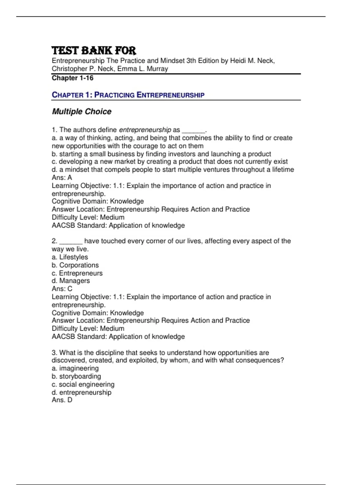 Test Bank for Entrepreneurship: The Practice and Mindset 3rd Edition by ...