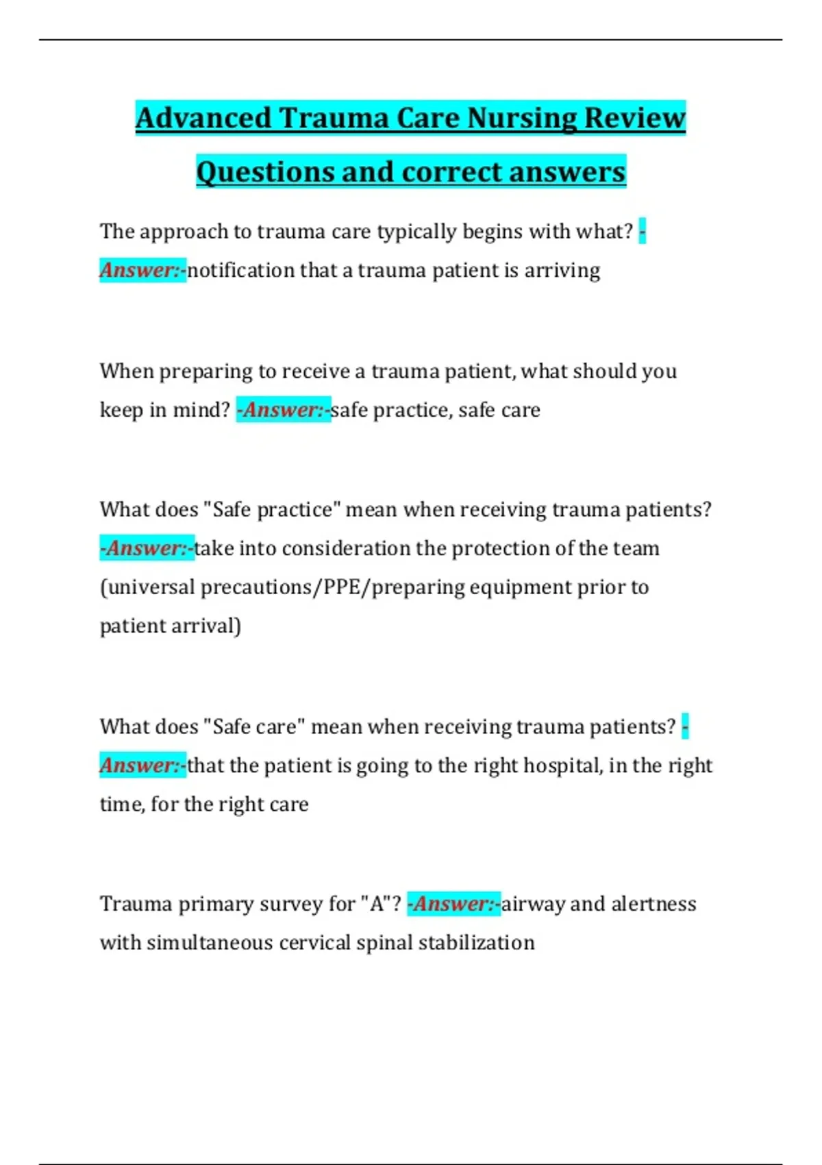 Advanced Trauma Care Nursing – Review Questions with Correct Answers ...