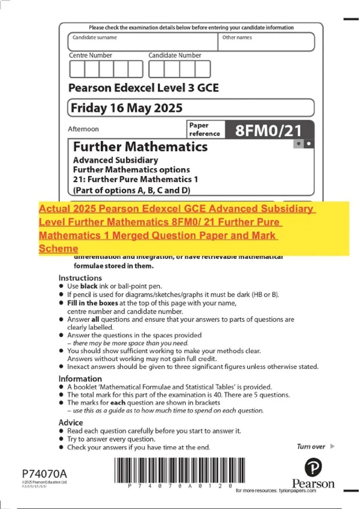 Actual 2025 Pearson Edexcel GCE Advanced Subsidiary Level Further ...