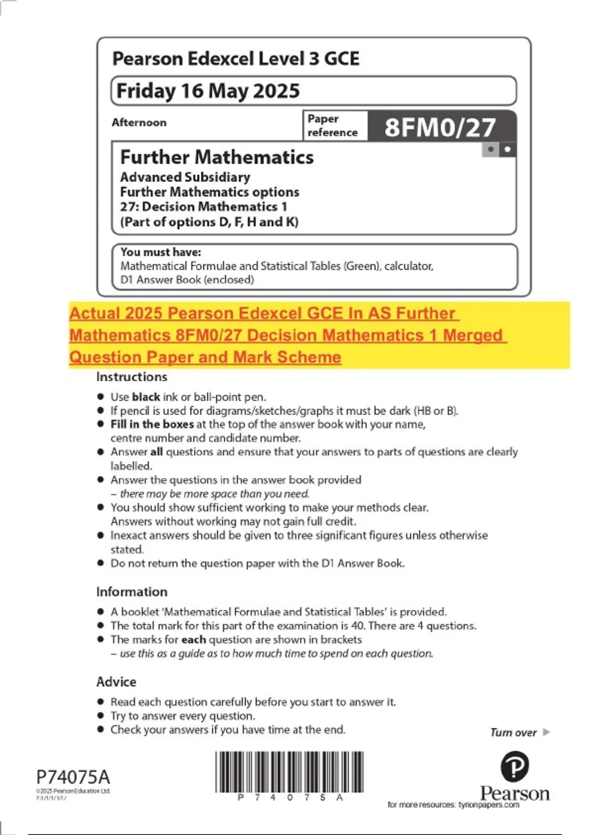 Actual 2025 Pearson Edexcel GCE In AS Further Mathematics 8FM0/27 ...