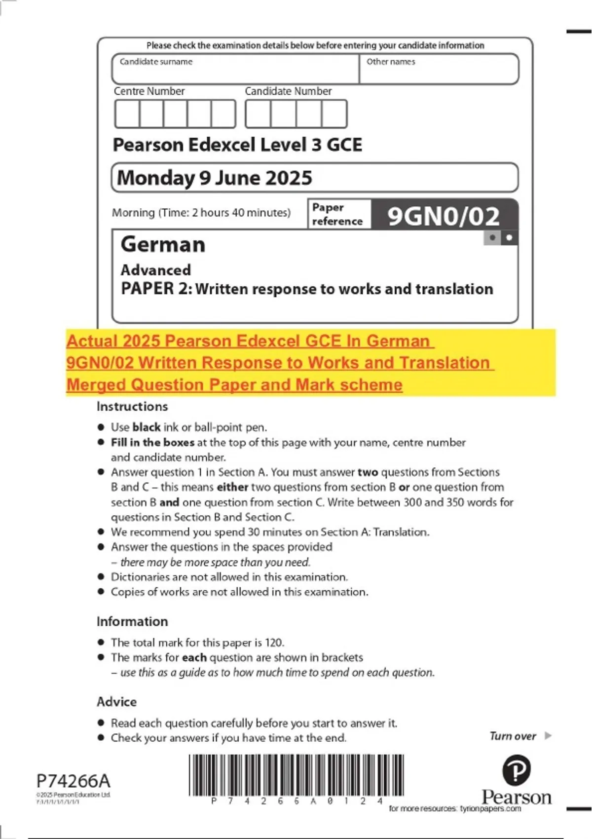 Actual 2025 Pearson Edexcel GCE In German 9GN0/02 Written Response to ...