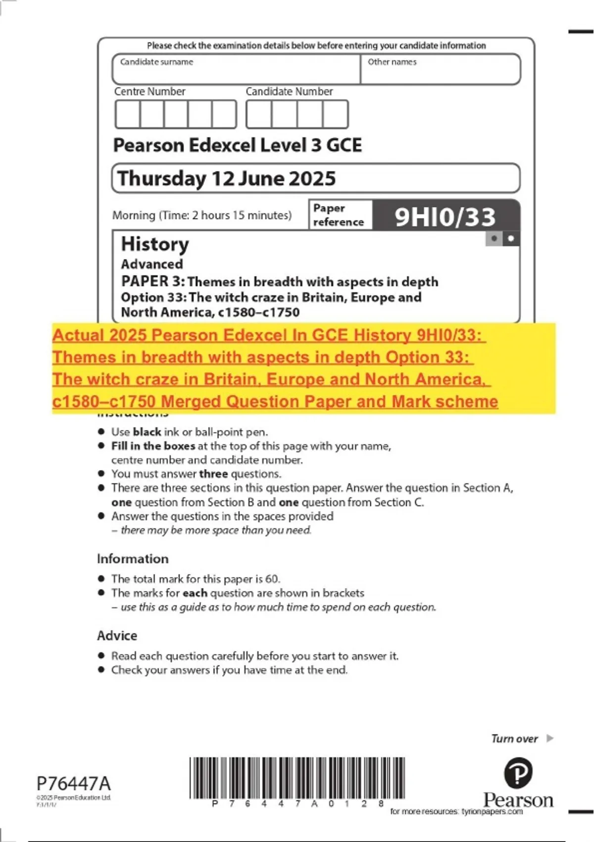 Actual 2025 Pearson Edexcel In GCE History 9HI0/33: Themes in breadth ...