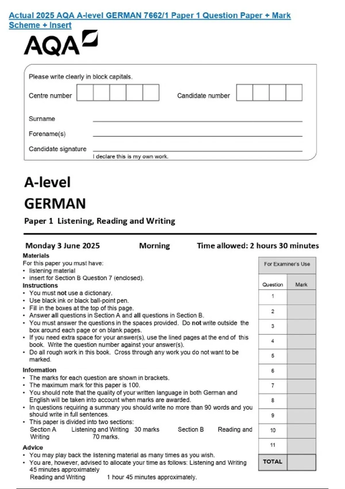 Actual 2025 AQA A-level GERMAN 7662/1 Paper 1 Question Paper + Mark ...