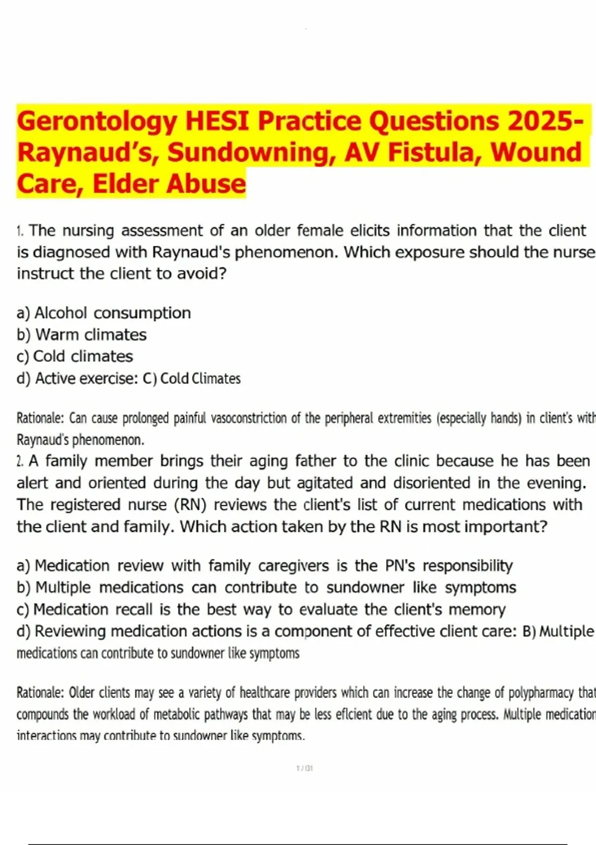 Gerontology HESI Practice Questions 2025- Raynaud’s, Sundowning, AV ...