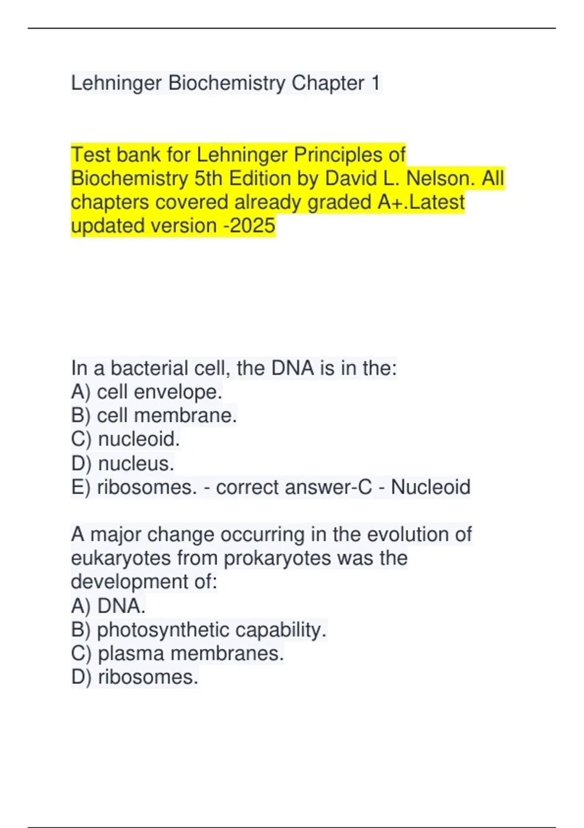 Lehninger Biochemistry Chapter 1 Test bank for Lehninger Principles of ...