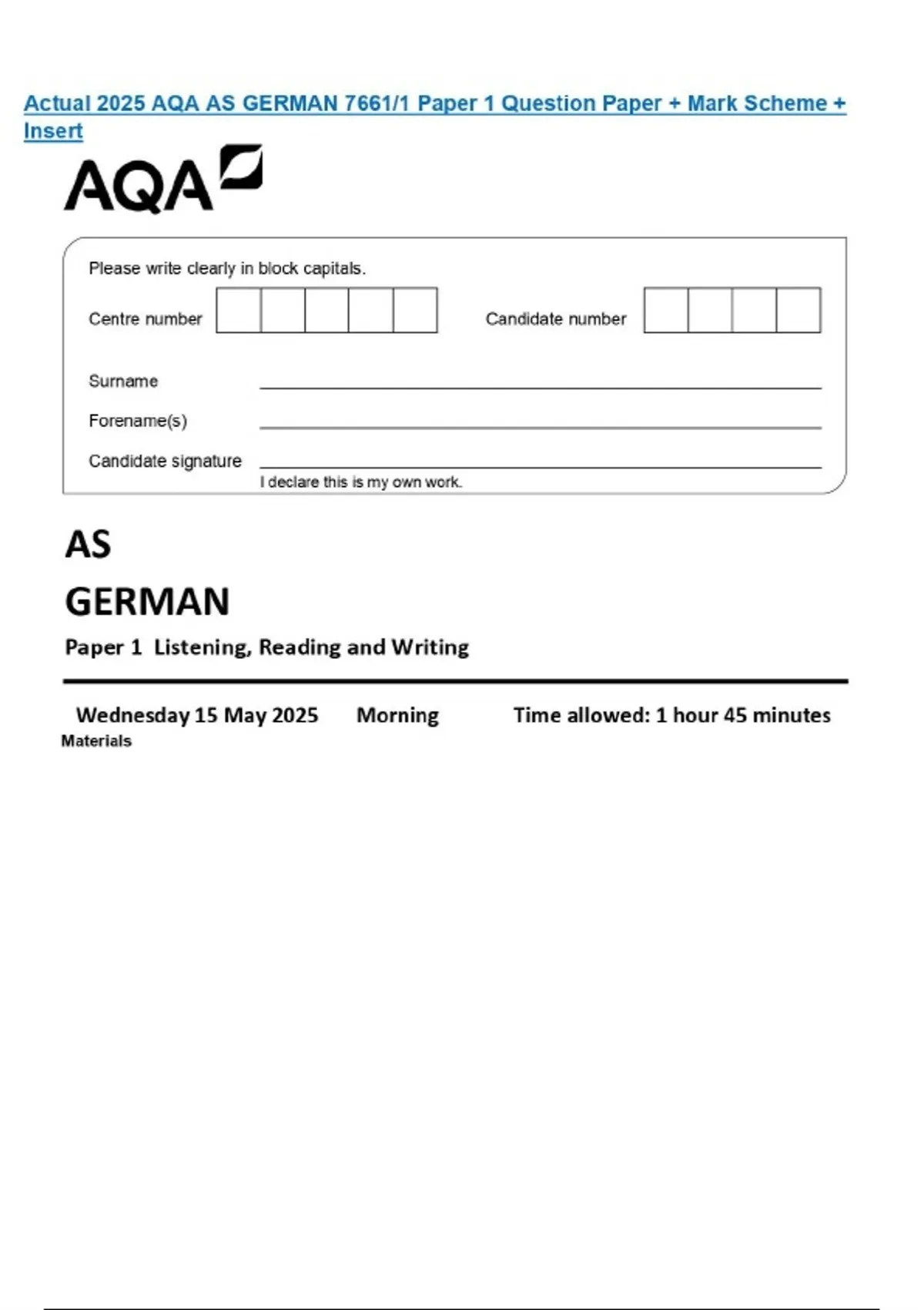 Actual 2025 AQA AS GERMAN 7661/1 Paper 1 Question Paper + Mark Scheme ...