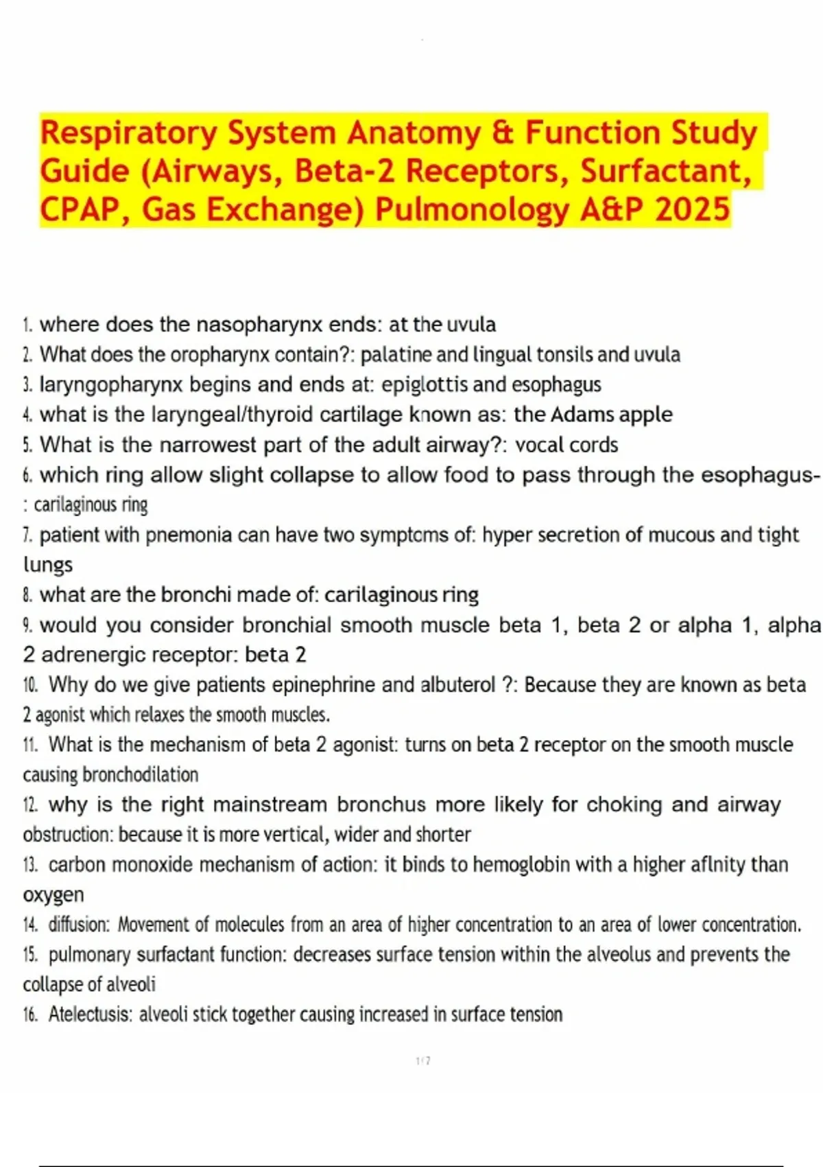Respiratory System Anatomy & Function Study Guide (Airways, Beta-2 Receptors, Surfactant, CPAP ...