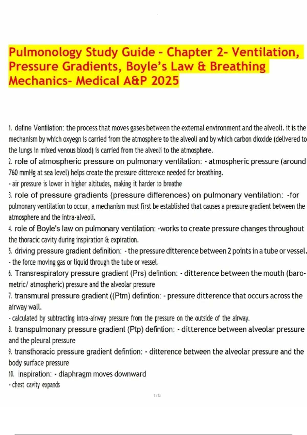 Pulmonology Study Guide – Chapter 2- Ventilation, Pressure Gradients ...