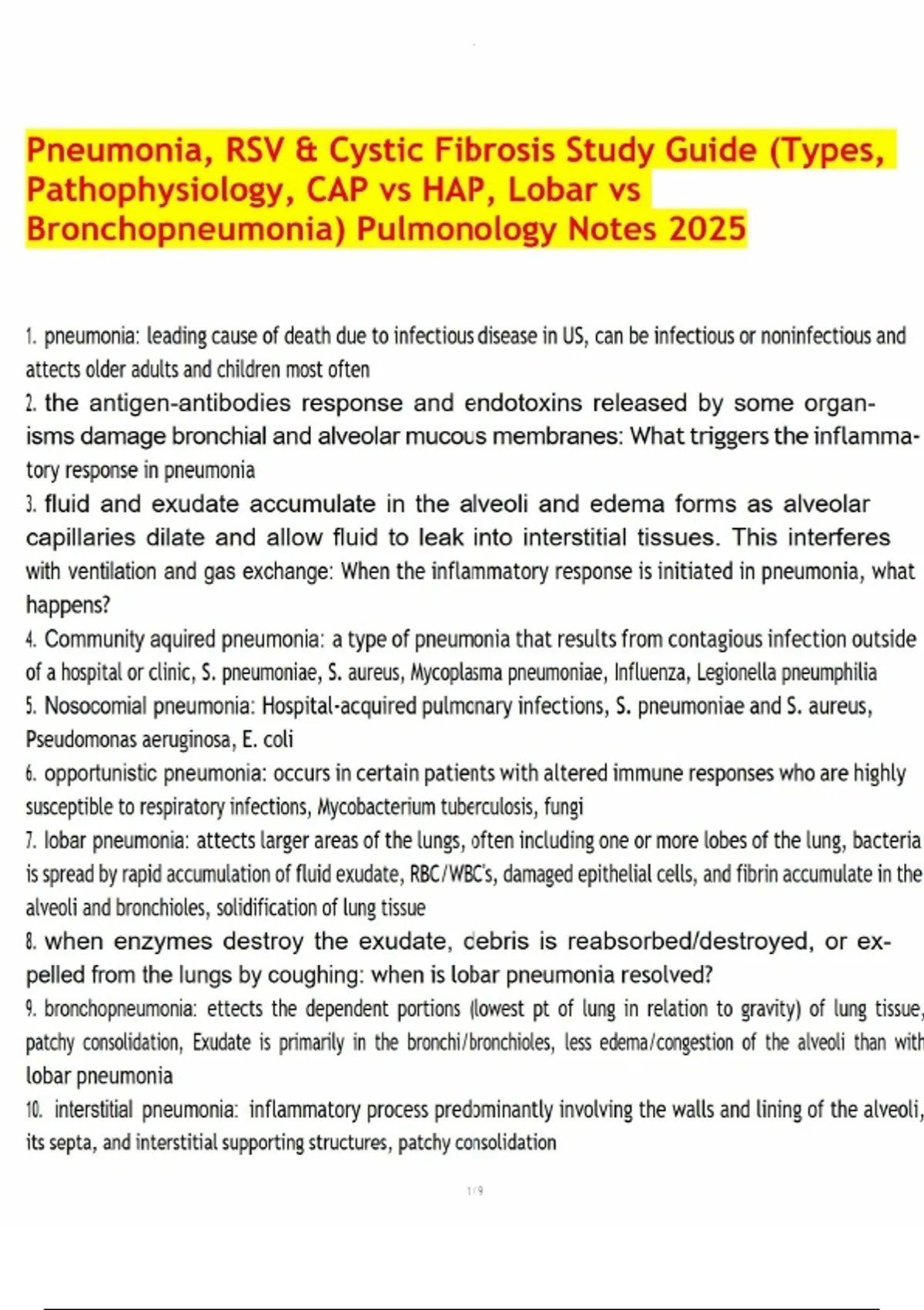 Pneumonia, RSV & Cystic Fibrosis Study Guide (Types, Pathophysiology, CAP vs HAP, Lobar vs ...