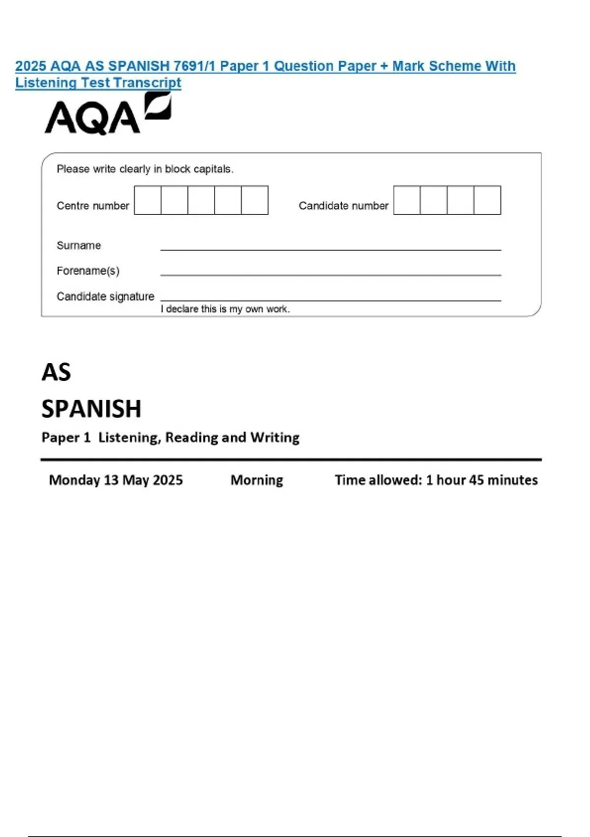 2025 AQA AS SPANISH 7691/1 Paper 1 Question Paper + Mark Scheme With ...