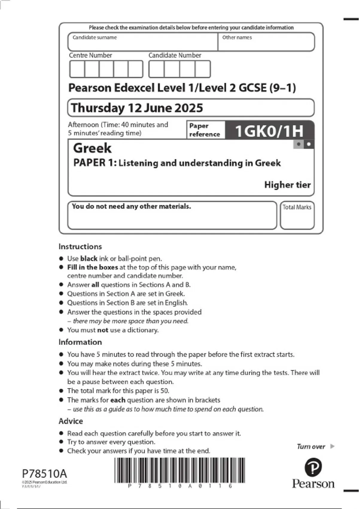 2025 Pearson Edexcel Level 1/Level 2 GCSE (9–1) Greek PAPER 1 ...