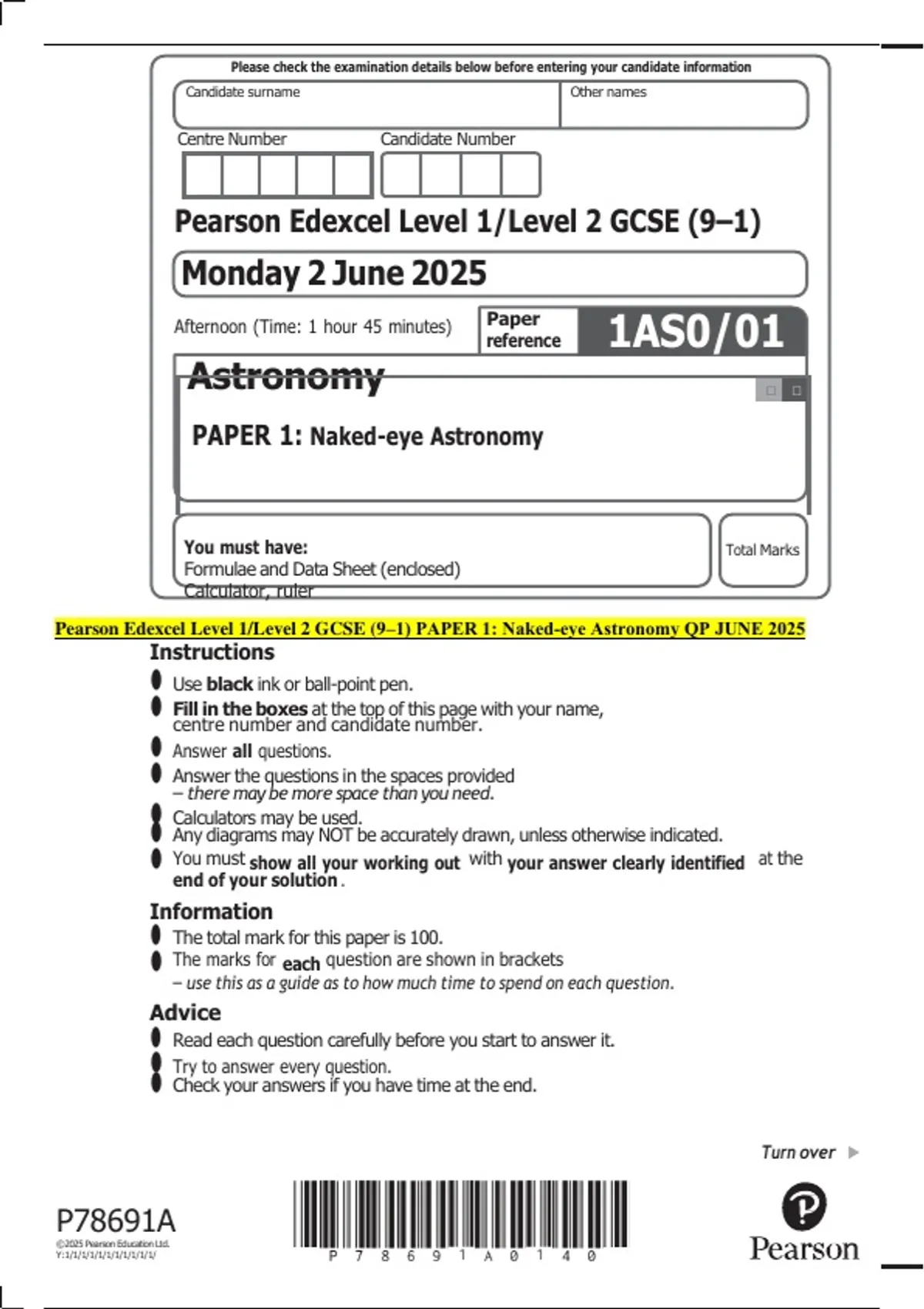 Pearson Edexcel Level 1/ Level 2 GCSE (9–1) Astronomy PAPER 1&2|QP AND ...
