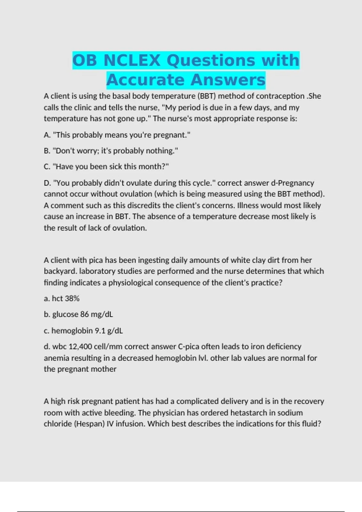 OB NCLEX Questions with Accurate Answers - Ob - Stuvia US
