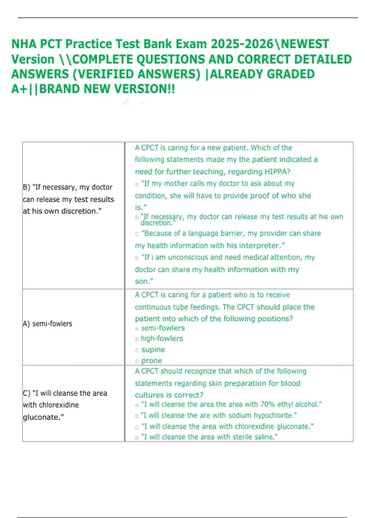 NHA PCT Practice Test Bank Exam NEWEST Version COMPLETE QUESTIONS AND ...