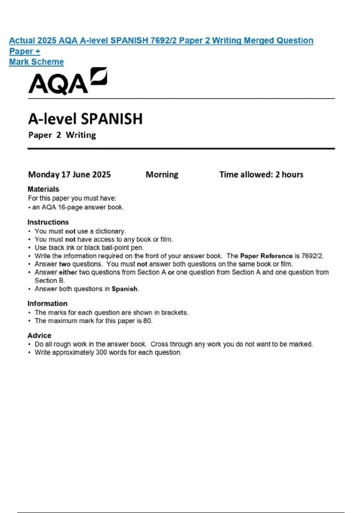 Actual 2025 AQA A-level SPANISH 7692/2 Paper 2 Writing Merged Question ...