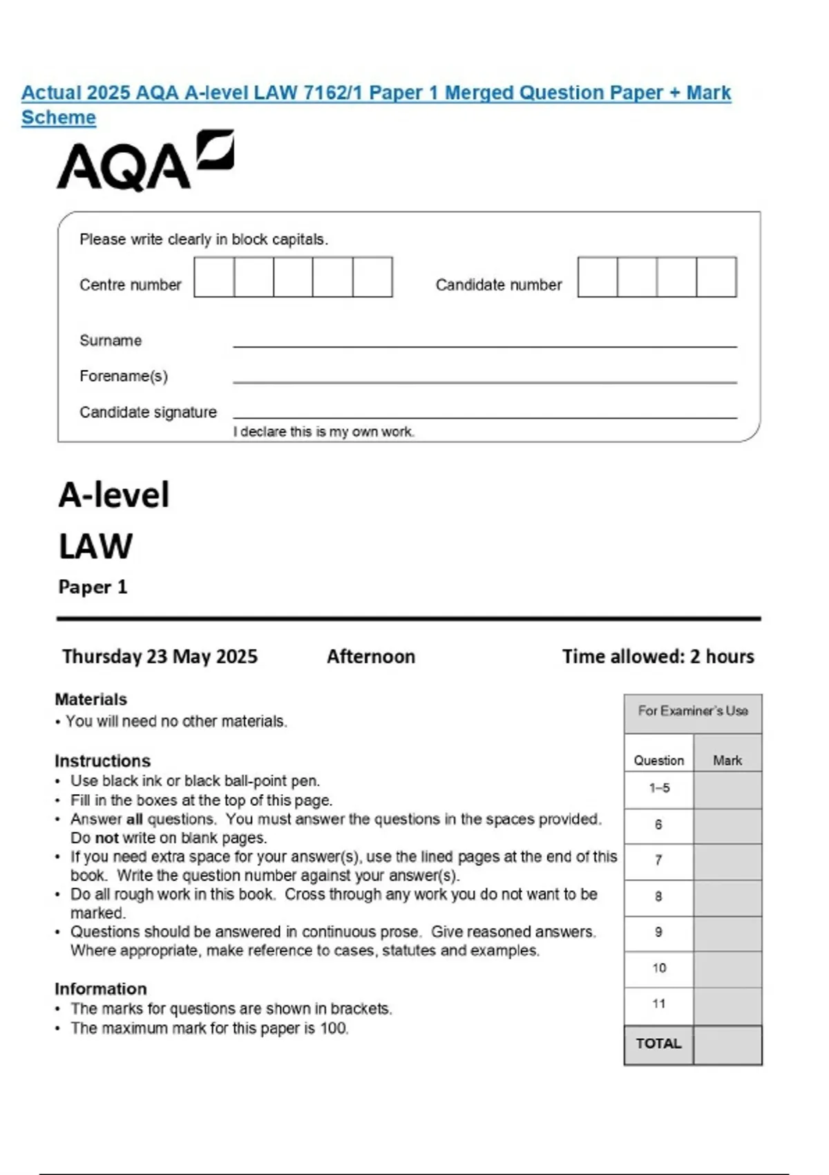 Actual 2025 AQA A-level LAW 7162/1 Paper 1 Merged Question Paper + Mark ...