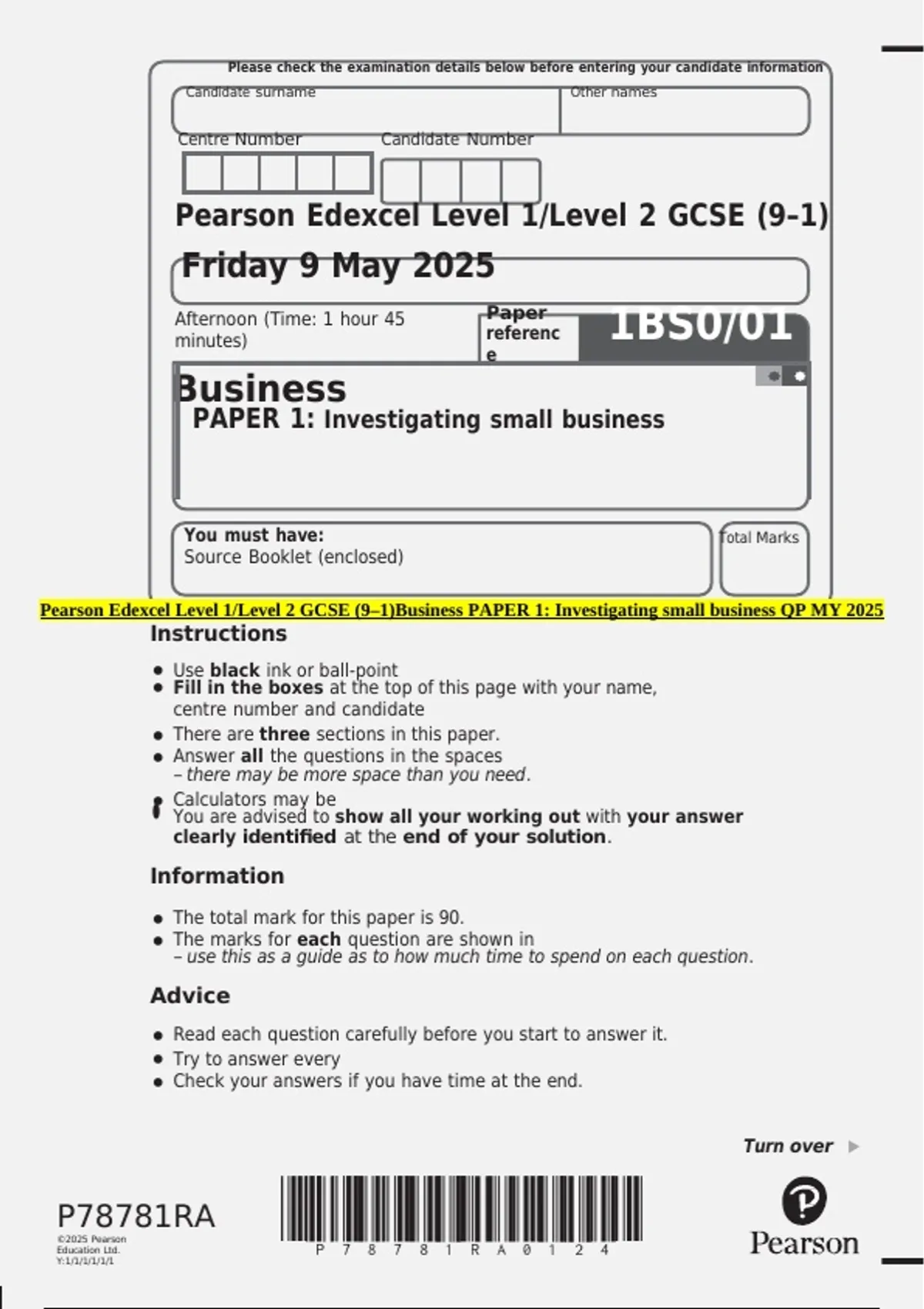 Pearson Edexcel Level 1/Level 2 GCSE (9–1)Business PAPER 1 ...
