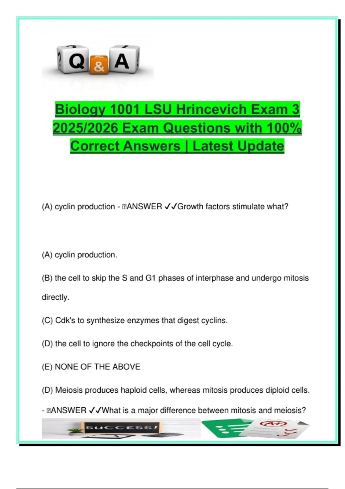 Biology 1001 Exam 3 – 100+ Questions on Mitosis, Meiosis, DNA, Genetics ...