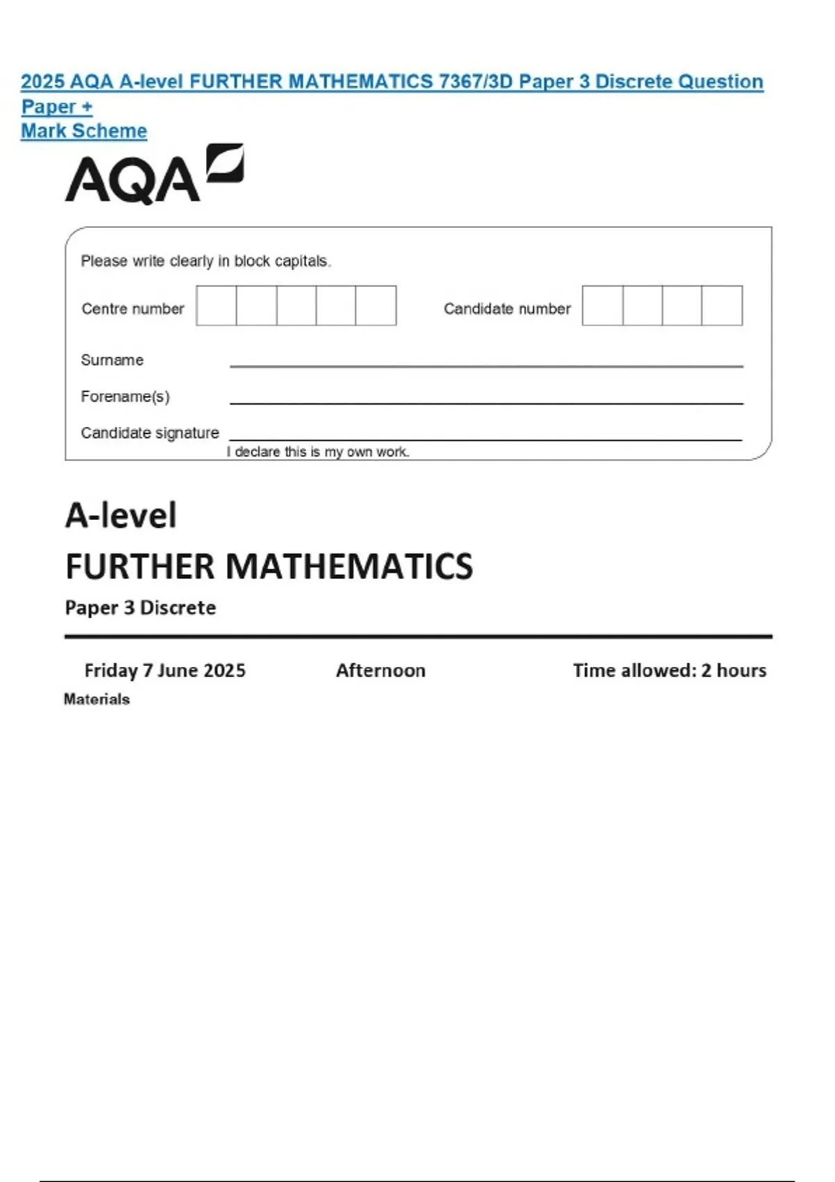 2025 AQA A-level FURTHER MATHEMATICS 7367/3D Paper 3 Discrete Question ...