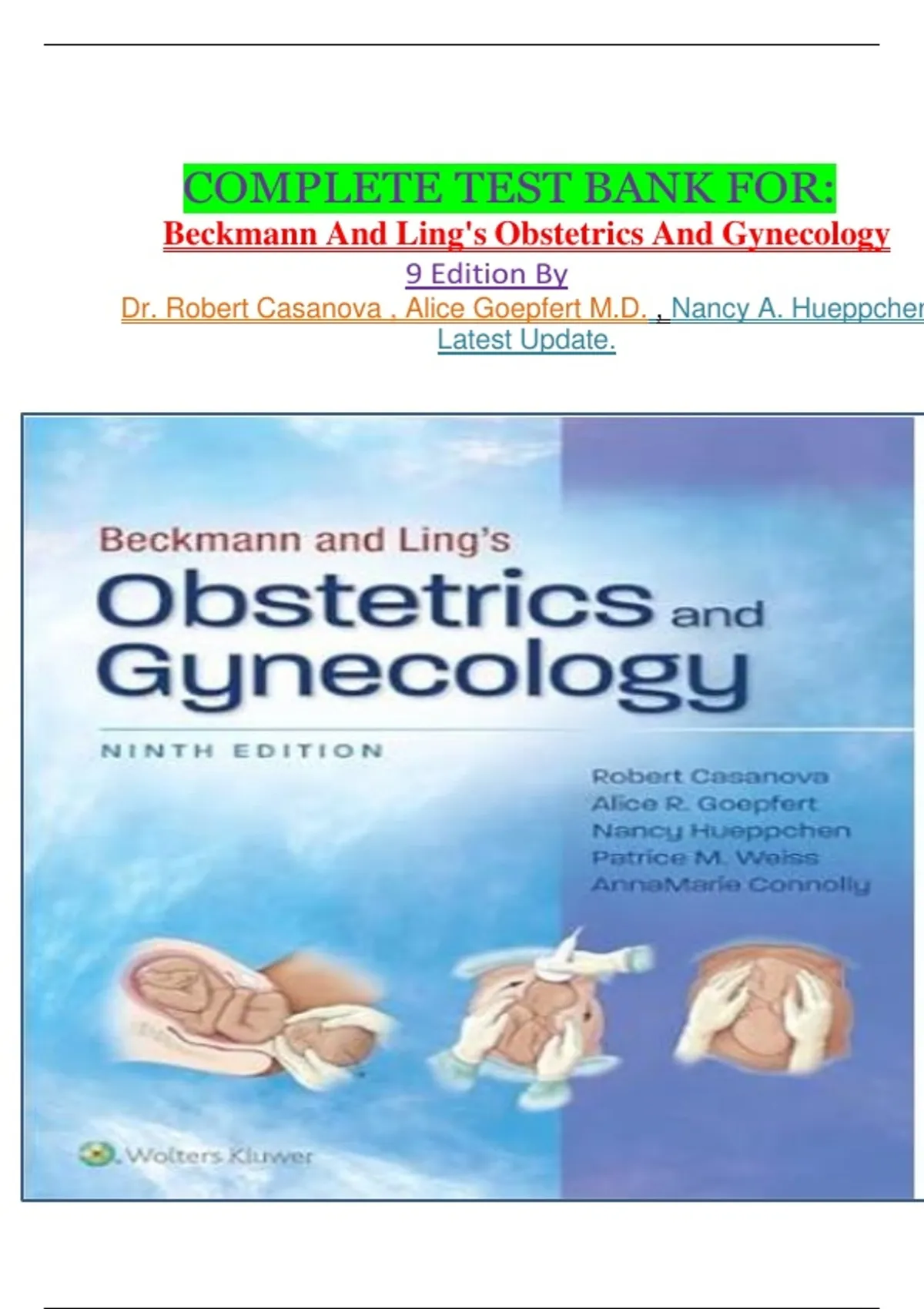 COMPLETE TEST BANK FOR: Beckmann And Ling's Obstetrics And Gynecology 9 ...