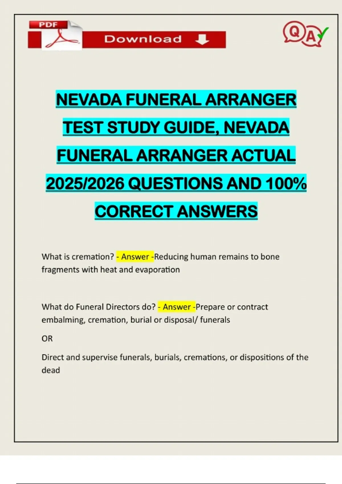 NEVADA FUNERAL ARRANGER TEST STUDY GUIDE, NEVADA FUNERAL ARRANGER ...