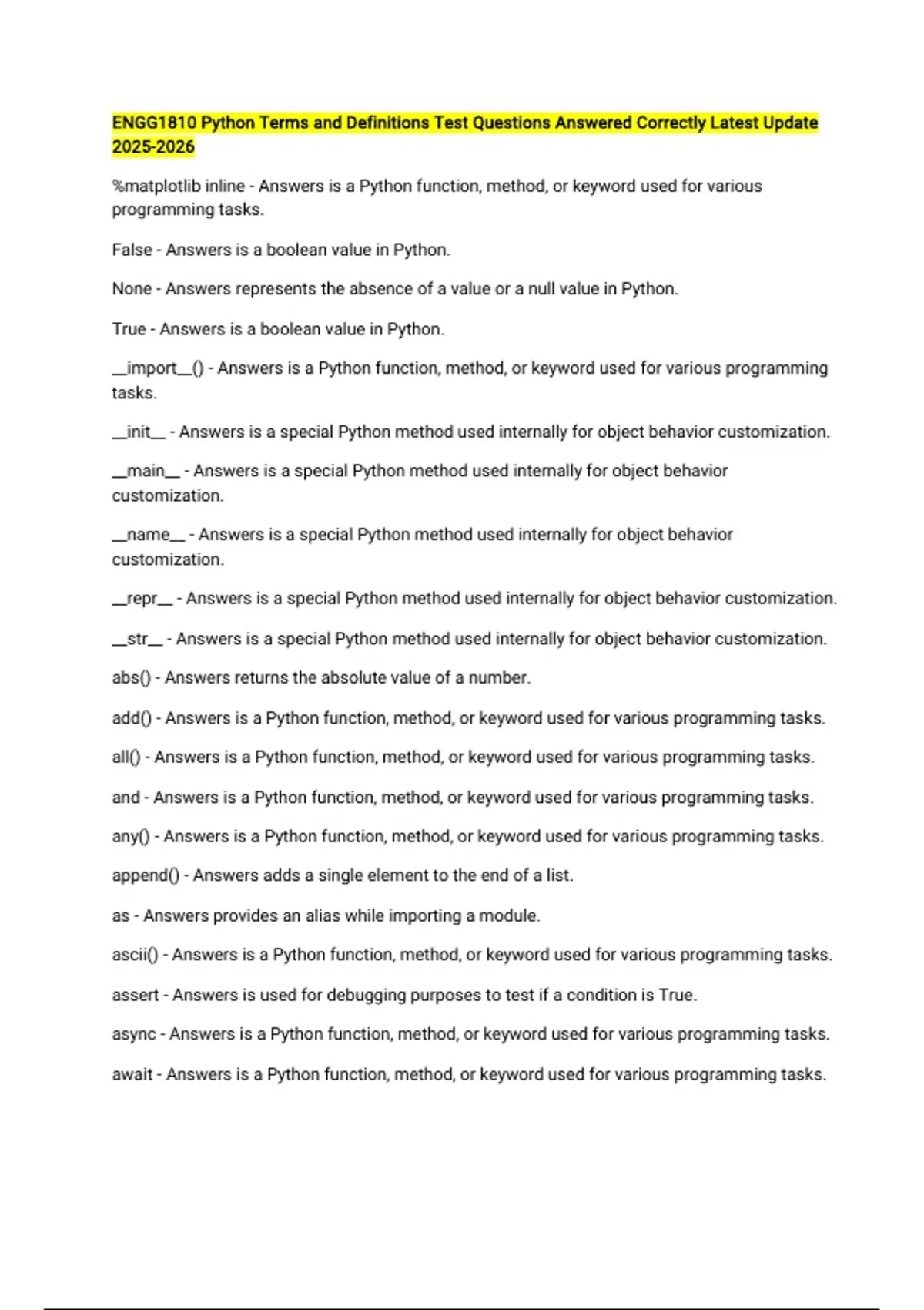 ENGG1810 Python Terms and Definitions Test Questions Answered Correctly ...