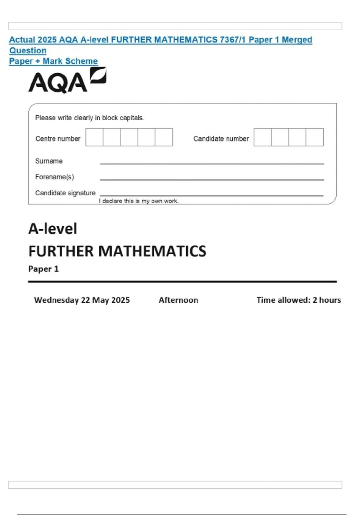 Actual 2025 AQA A-level FURTHER MATHEMATICS 7367/1 Paper 1 Merged ...