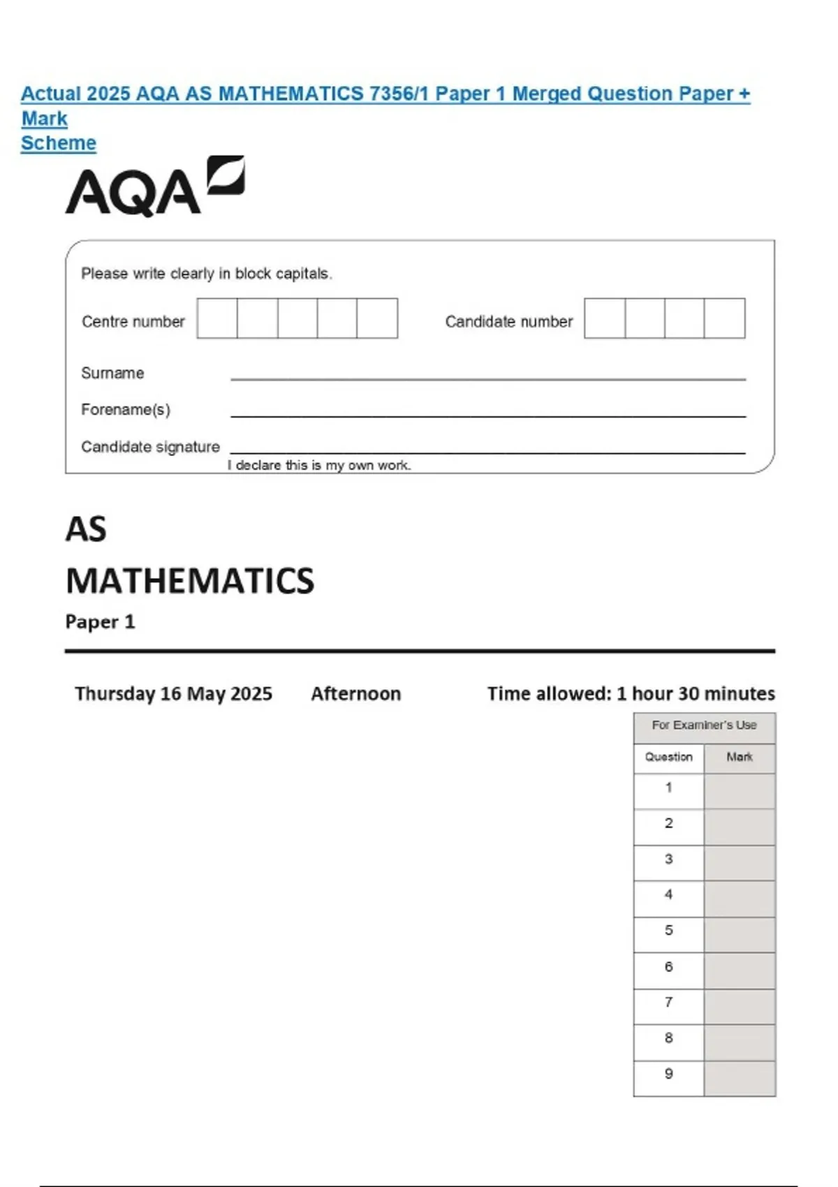 Actual 2025 AQA AS MATHEMATICS 7356/1 Paper 1 Merged Question Paper ...