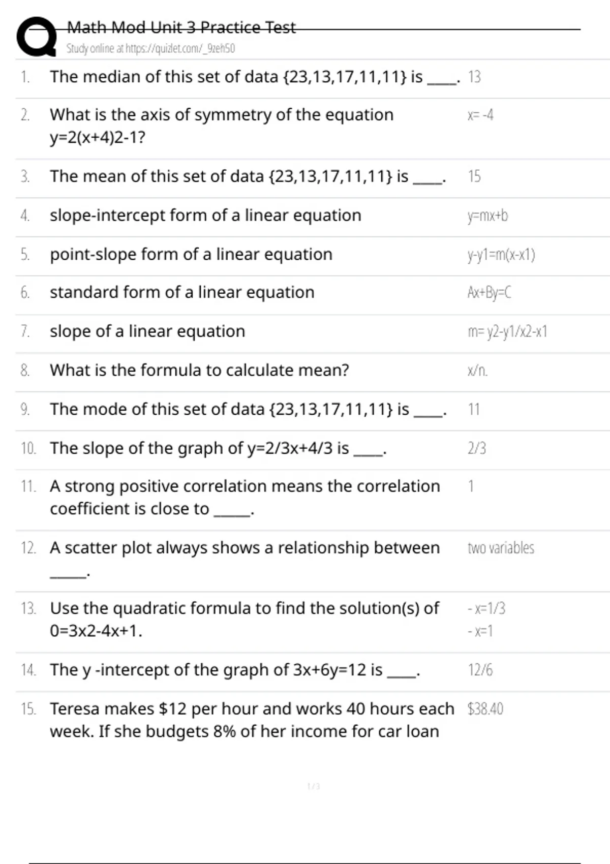 Math Mod Unit 3 Practice Test - Math Mod Unit 3 Practice - Stuvia US