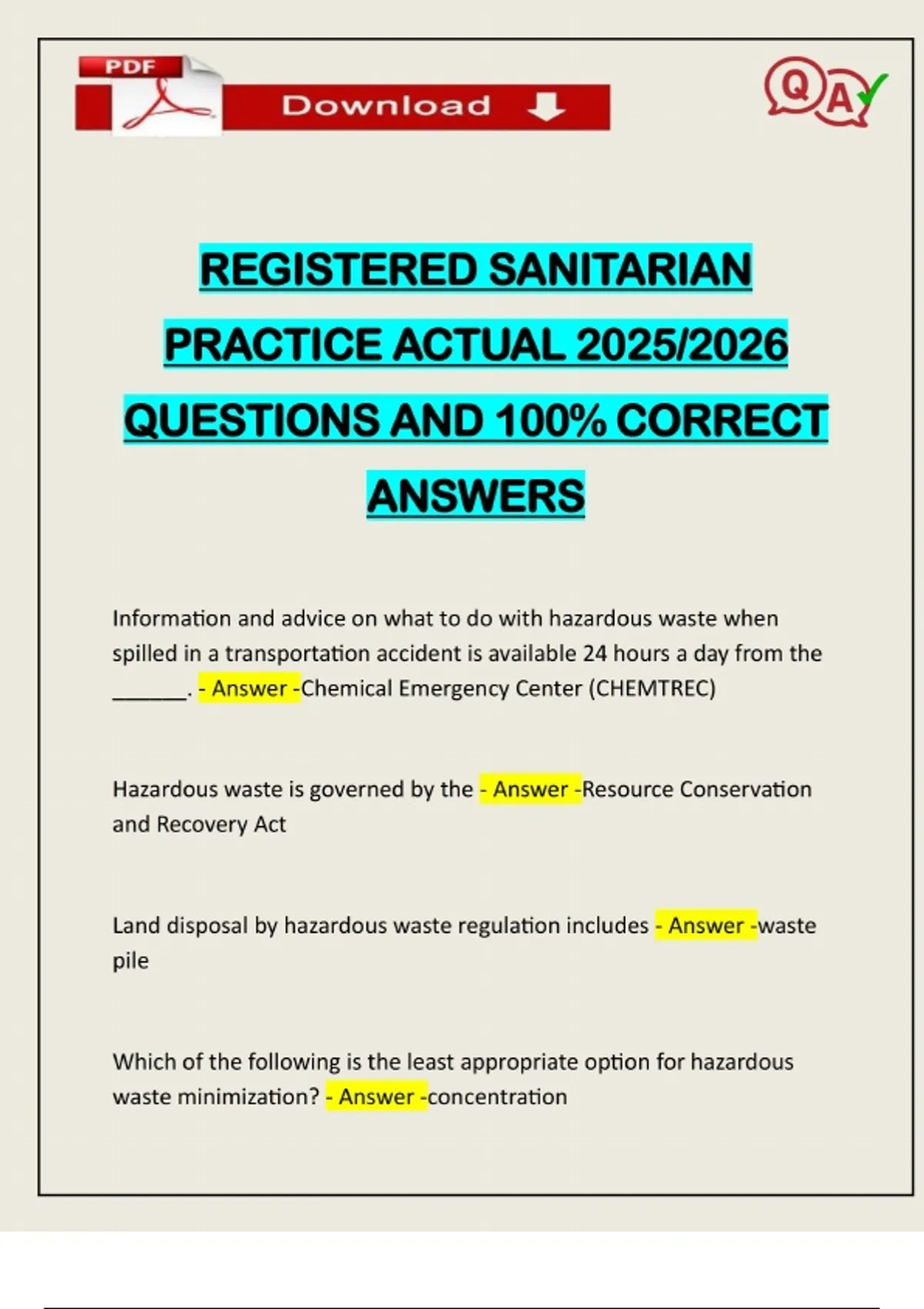 REGISTERED SANITARIAN PRACTICE ACTUAL 2025/2026 QUESTIONS AND 100% ...