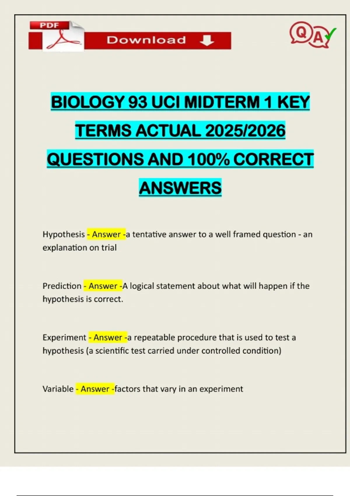 BIOLOGY 93 UCI MIDTERM 1 KEY TERMS ACTUAL 2025/2026 QUESTIONS AND 100% CORRECT ANSWERS - UCI BIO ...