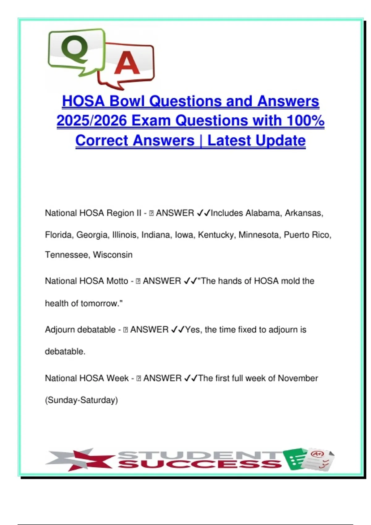 HOSA Bowl 2025 | 100+ Questions with Correct Answers | Medical ...