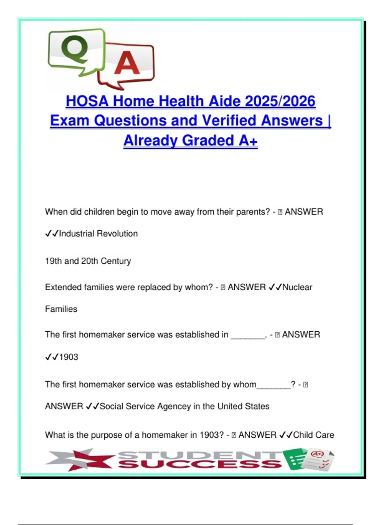 HOSA Home Health Aide | 100+ Exam Questions with Verified Answers ...