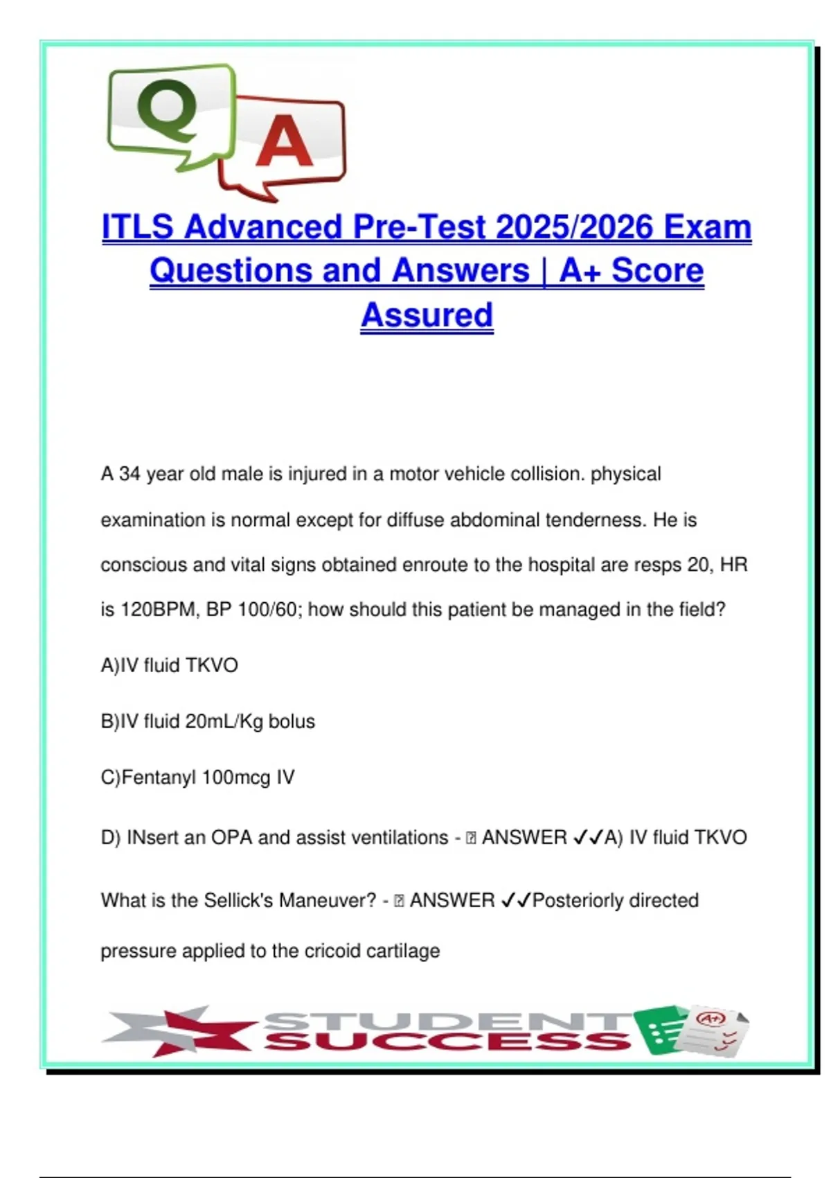 ITLS Advanced Pre-Test | 100 Exam Questions | Burns, TBI, Shock ...