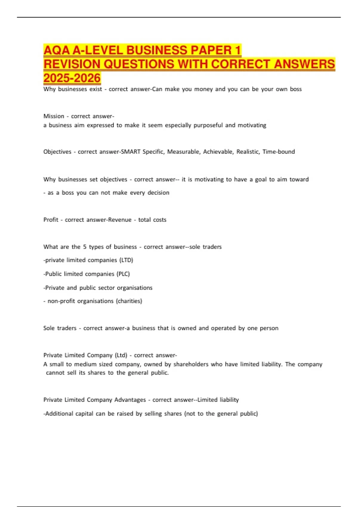 AQA A-LEVEL BUSINESS PAPER 1 REVISION QUESTIONS WITH CORRECT ANSWERS ...
