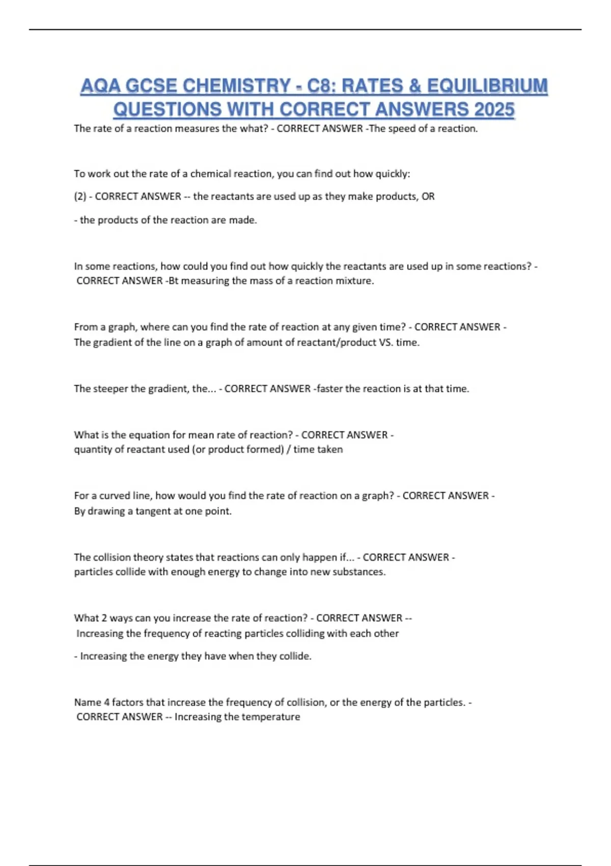 AQA GCSE CHEMISTRY - C8: RATES & EQUILIBRIUM QUESTIONS WITH CORRECT ...