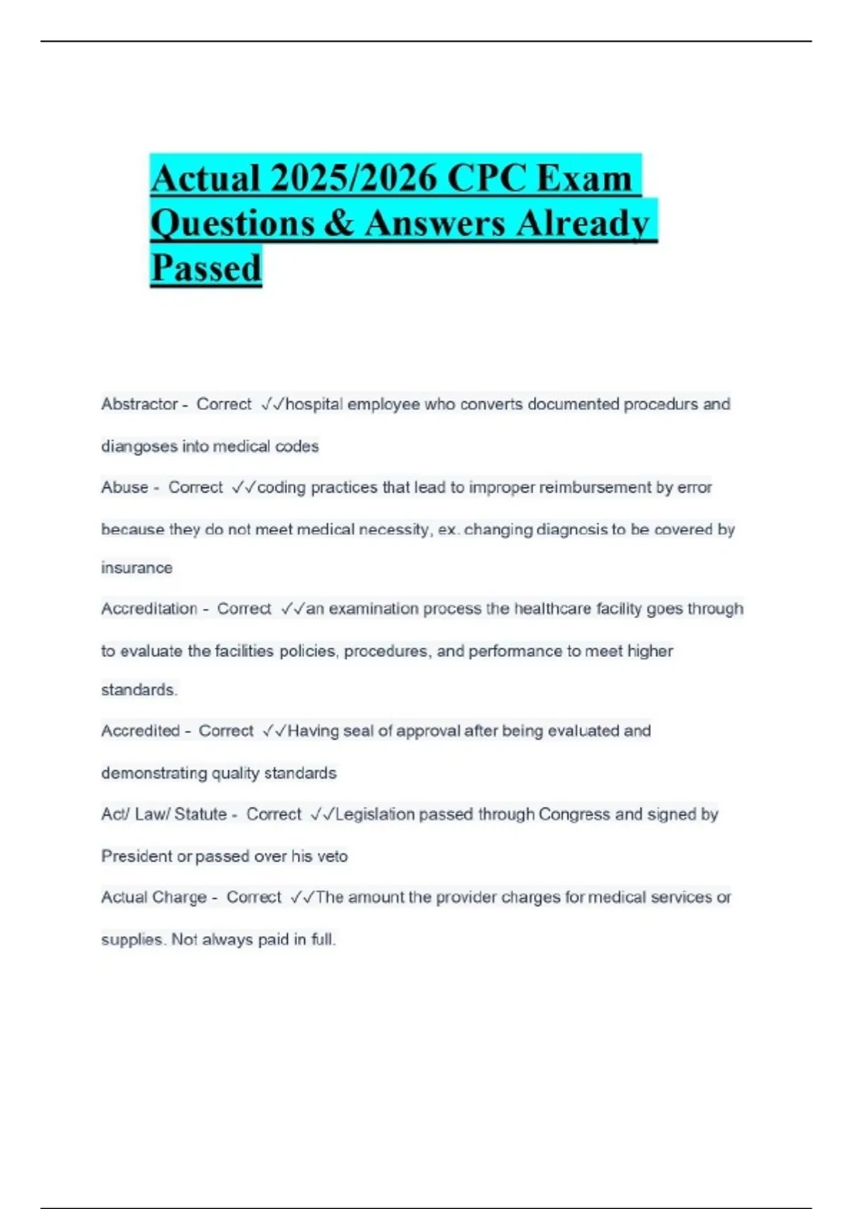 Actual 2025/2026 CPC Exam Questions & Answers Already Passed - CPC ...