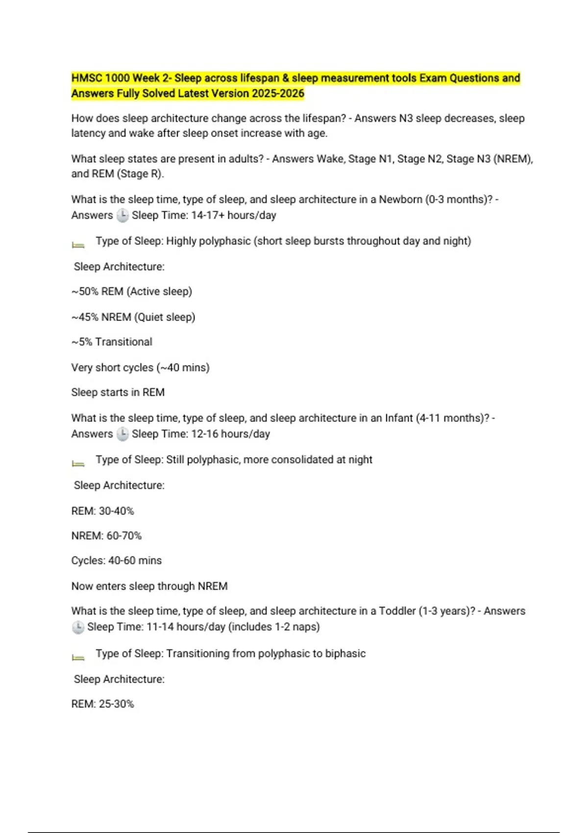 HMSC 1000 Week 2- Sleep across lifespan & sleep measurement tools Exam ...