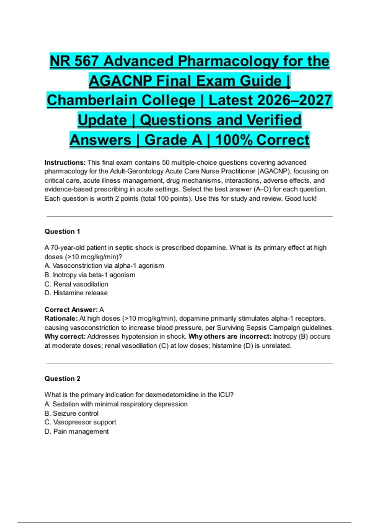 NR 567 Advanced Pharmacology for the AGACNP Final Exam Guide ...