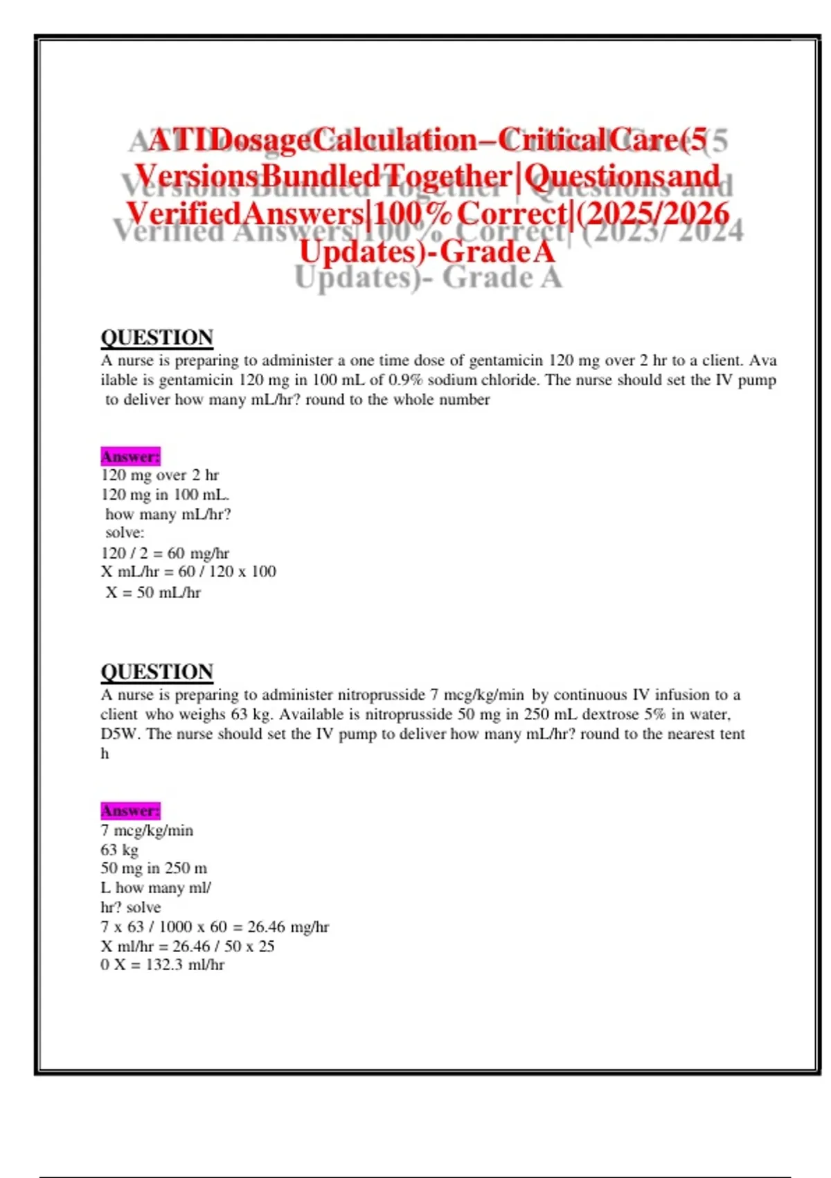 ATI Dosage Calculation–Critical Care(5 Versions Bundled Together ...
